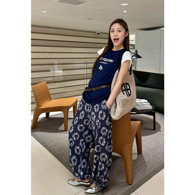 慵懒风罗马花舒适阔腿裤女25新款设计感休闲宽松直筒裤7859四媛