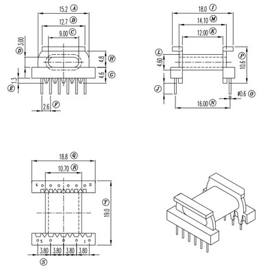 EPC19骨架 直插卧式5+6针 变压器材料 排距=16mm