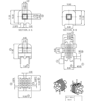 UU9.8高频变压器4槽骨架 卧式2+2脚 BOBBIN