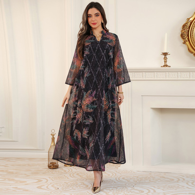 民族风印花连衣裙女宽松气质大码度假拍照跨境长裙子Kaftan dress