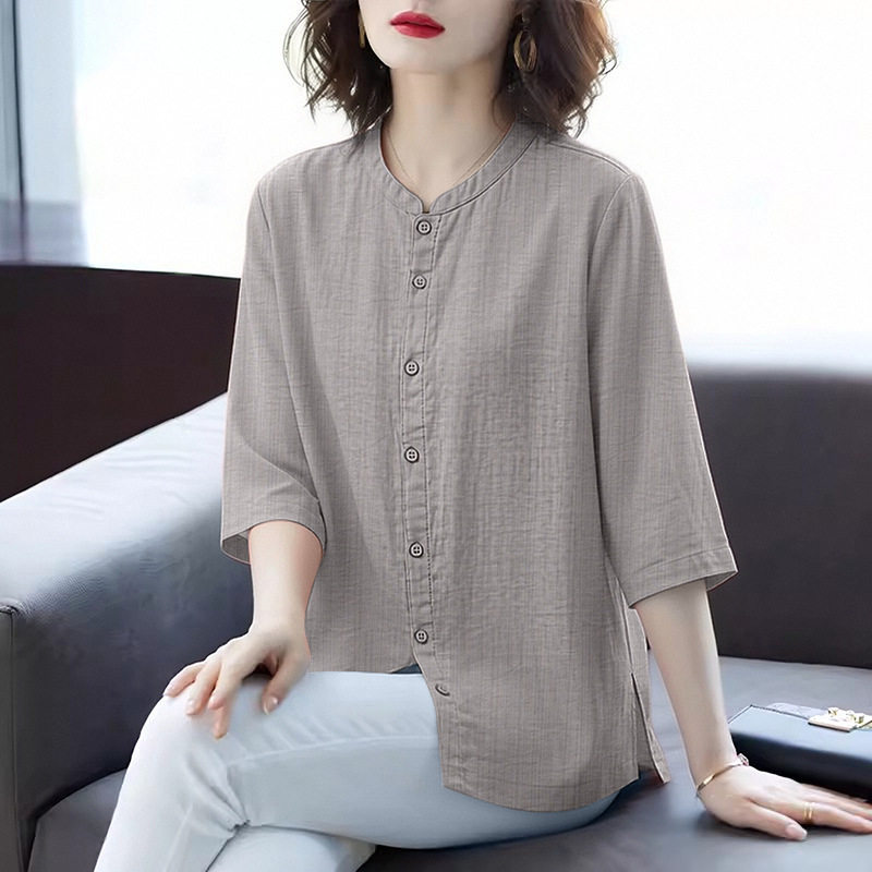 大码棉麻短袖衬衫女新款宽松显瘦中年妈妈装t恤衬衣夏季女士上衣