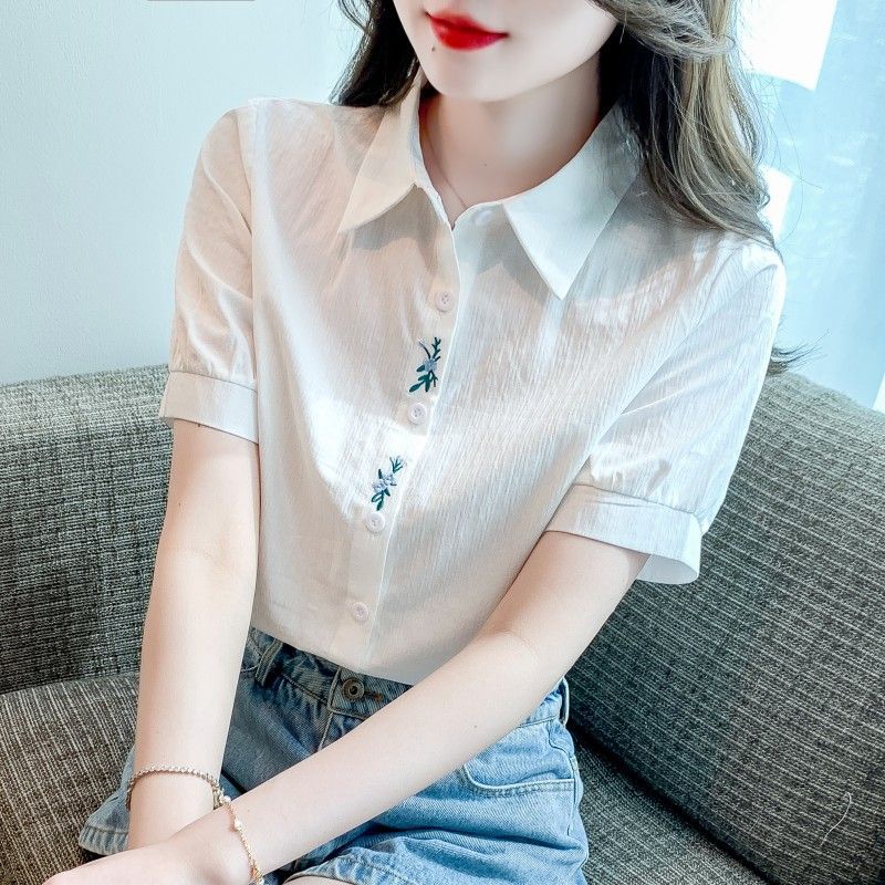 夏季2025年新款女装时尚薄款刺绣纯棉衬衫女洋气全棉减龄上衣短袖