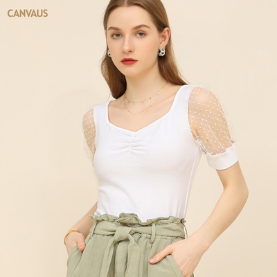 白色设计感短袖方领短款T恤女