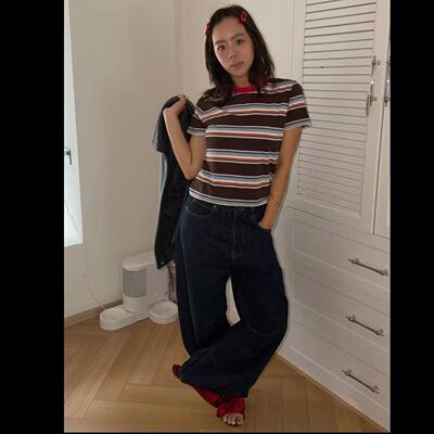 HELLOTANGO《复古90s》美式复古撞色条纹红领口百搭短袖T恤56371#