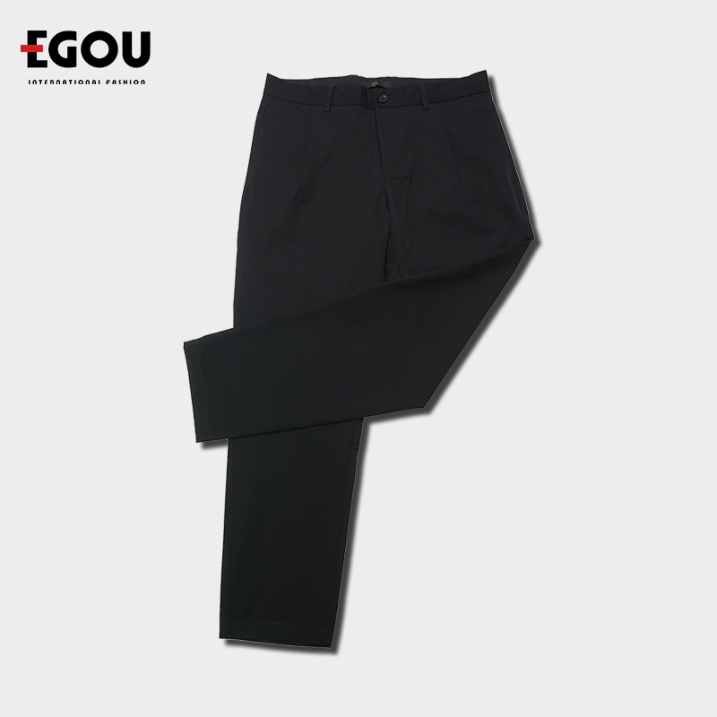 EGOU春款潮流时尚休闲九分裤子男修身撞色字母刺绣黑色裤子_虎窝淘