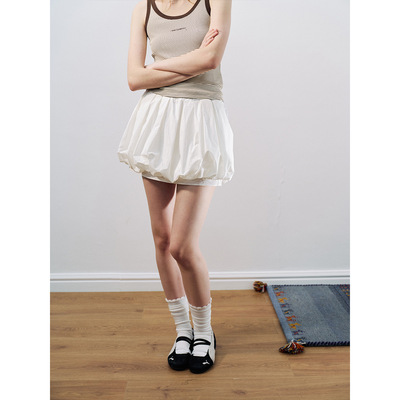 Hello September 休闲高腰轻薄花苞抽绳简约纯色短款半身裙H60339