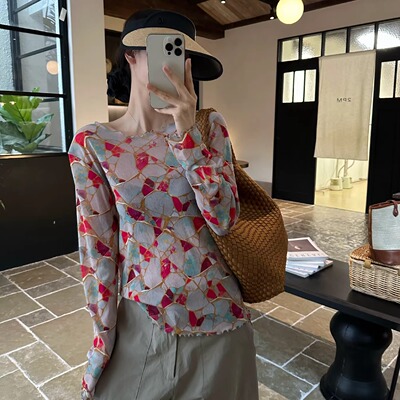 摩登197扎染木耳边网纱长袖T恤女