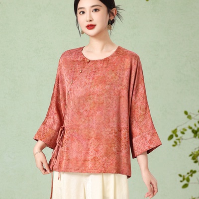 圆领真丝国风女装斜襟七分袖上衣