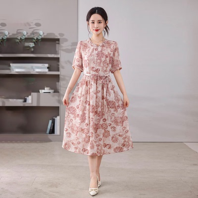 真丝印花女装中长款系带连衣裙