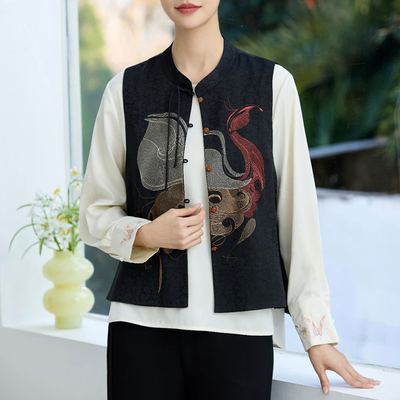 国风真丝刺绣女装上衣无袖马甲