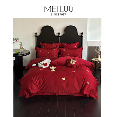 美罗家纺刺绣婚庆全棉四件套高级感纯棉婚房婚嫁法式床单床上用品