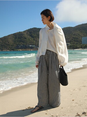 acme ground慵懒风格纹亚麻棉阔腿裤高腰显瘦休闲裤90322