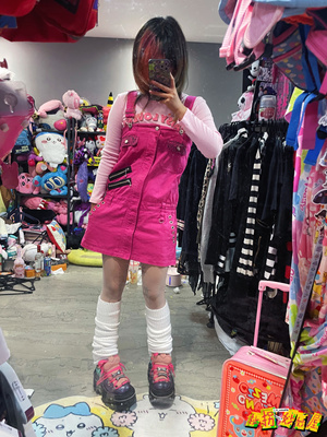 【现货掉落】superlovers日牌中古稀有孤品可爱玫红色背带裙牛仔