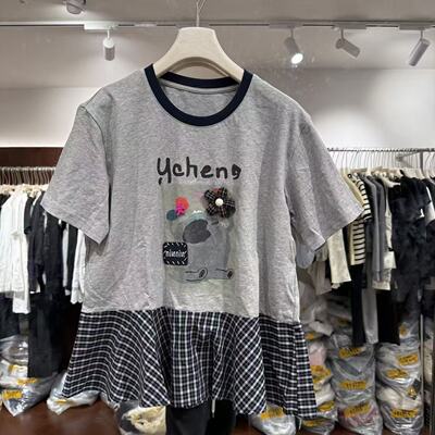 欧洲站2026新款韩系可爱圆领卡通图案格子假两件休闲短袖T恤26323