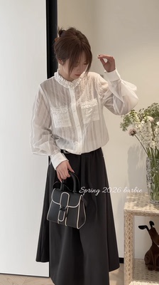 欧洲站2026春季新款欧货竖条纹捏褶花边领两口袋长袖衬衫女6098