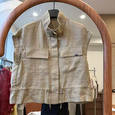 欧洲站2026夏新款欧货亚麻工装风立领大口袋抽绳收腰无袖马甲6029