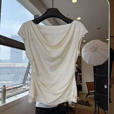 欧洲站2026夏新款欧货纯欲荡领钉珠亮片捏褶显瘦纱边洋气上衣060