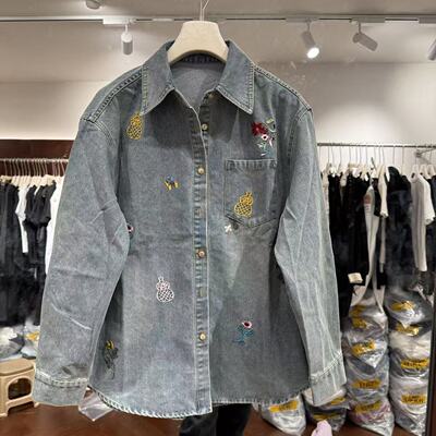 欧洲站2026新款韩版时尚翻领彩色葫芦刺绣减龄洋气牛仔衬衫女2997