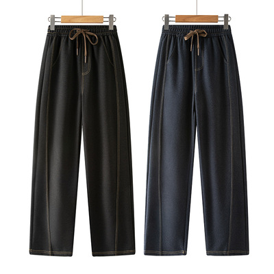 2025秋冬新款加绒加厚牛仔直筒裤百搭休闲立体高腰系绳弹力牛仔裤