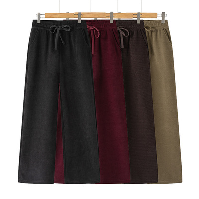 2025秋冬中老年加绒加厚宝石格阔腿裤立体高腰系绳宽松妈妈直筒裤