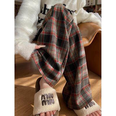 英国DGKP格子裤女秋冬新款覆古显瘦设计感磨毛阔腿裤直筒休闲裤