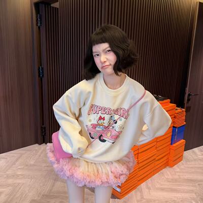 wyd小樱桃 【小鸭子汽车】粉色印花韩系宽松圆领加厚卫衣