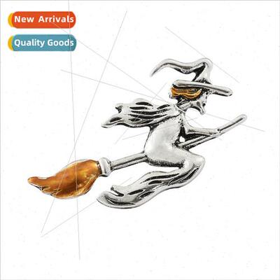 Vintage simple witch riding a broom brooch personalized vers