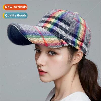 2023 new Korean  of the fall and winter rainbow plaid baseba