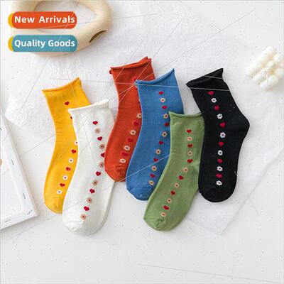 Sweet Peach Heart Flower Printed Mid-Calf Socks Fashion Roll