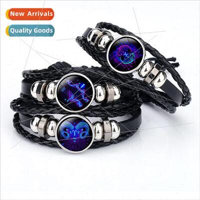 Zodiac sign beads around the rope leather bracelet new acces