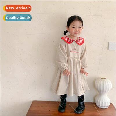 Korean  of the double-layer collar embroidery girls dress in