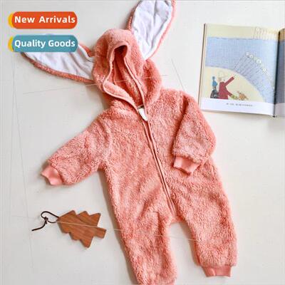 Baby pink rabbit coral fleece onesie autumn and winter  a ye