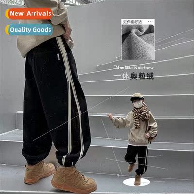 Boys black pants fall and winter  all-in-one fleece 2023 new