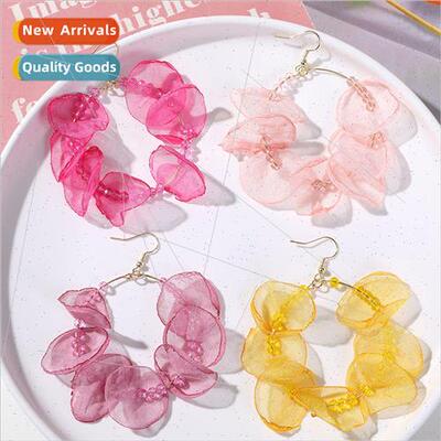 Clear colorful fabric crystal yarn flower earrings diy handm
