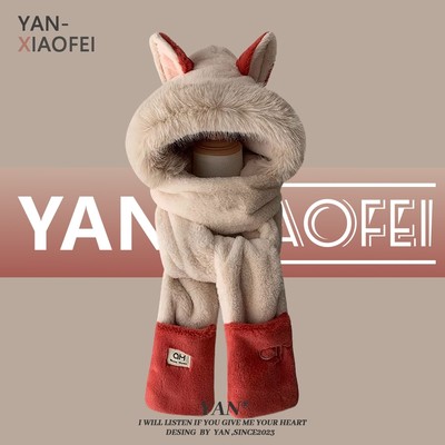 冬天火狐狸耳朵帽子围巾手套一体毛茸茸加厚保暖护耳三件套帽子女