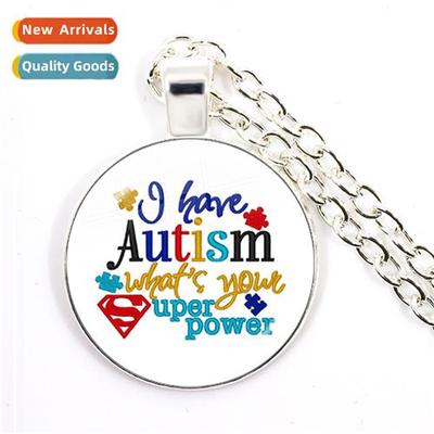 Autism Awareness Puzzle Ribb Heart Photo Time Gemste Pendant