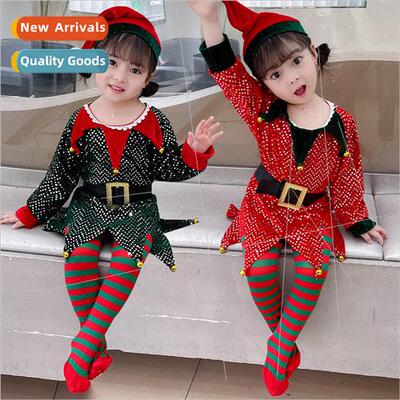 Christmas Costume Child Female Elf Green Red Sequin Dress Ch