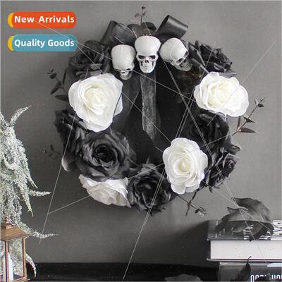Halloween Home Spooky Door Hangings Skeleton Rose Rattan Wre