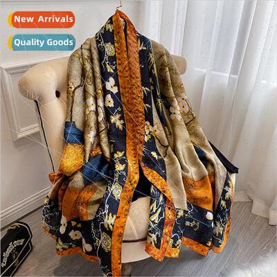 2021 new retro printing silk scarf women winter warm simulat