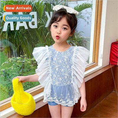 Girls swimsu 2023 new middle and small children ruffles one-