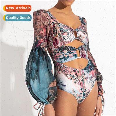 2023 new long-sleeved chiffon print splicing hollow one-piec