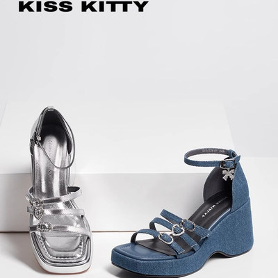 KISSKITTY水钻一字带方头凉鞋
