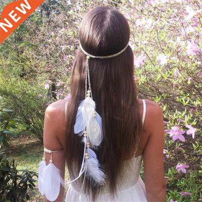The Indian white Feather Headband Headdress Hair Rope Headw