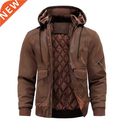 Winter Casual Faux Leather Thick Warm Hood Motorcycle Jacket