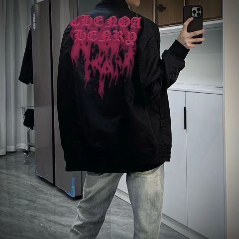 美式复古粉梵文印花高街棒球服男女春秋季学生潮牌字母飞行员夹克