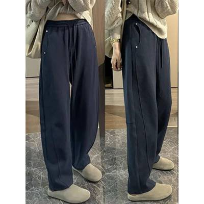 韩国大码加绒弯刀卫裤女秋冬显瘦宽松休闲直筒阔腿裤香蕉镰刀裤子