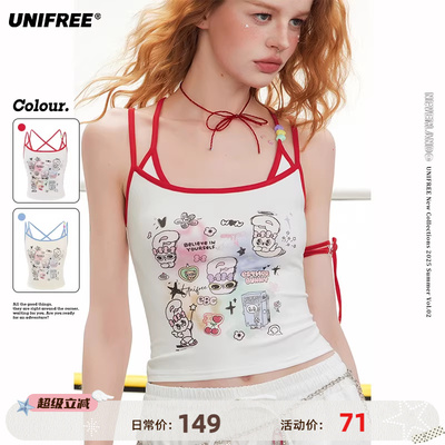 UNIFREE撞色假两件吊带背心女童趣卡通图案显瘦减龄夏季内搭上衣