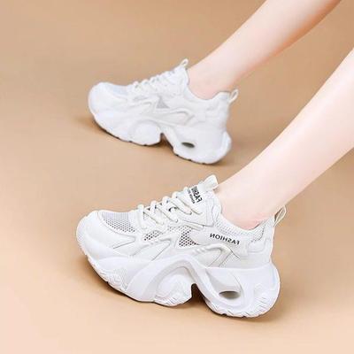 西瑞厚底老爹鞋女2025夏新透气网面松糕休闲 小个子7cm增高小白鞋