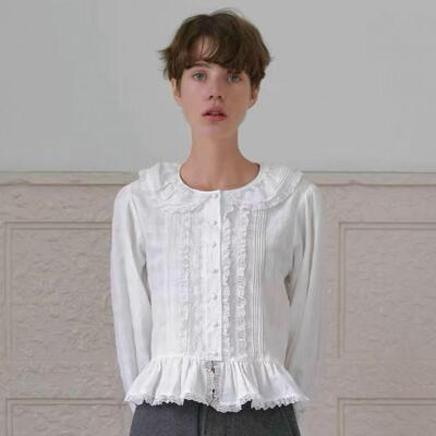 韩国viaplain花边领衬衫法式复古重工蕾丝拼接单排扣长袖短款衬衣