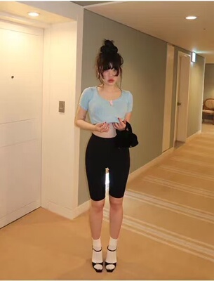 现货～韩国freckle主理人同款26春季新款弹力蝴蝶结大圆领紧身T恤